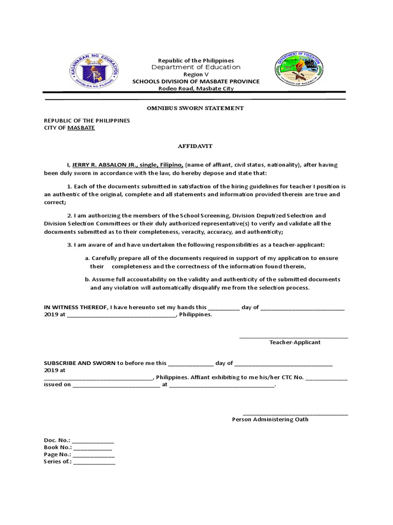 DepEd Omnibus Sworn Statement Template | PDF | Affidavit | Public Law