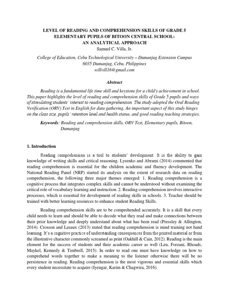 Level of Reading and Comprehension Skills of Grade 5 Elementary Pupils ...