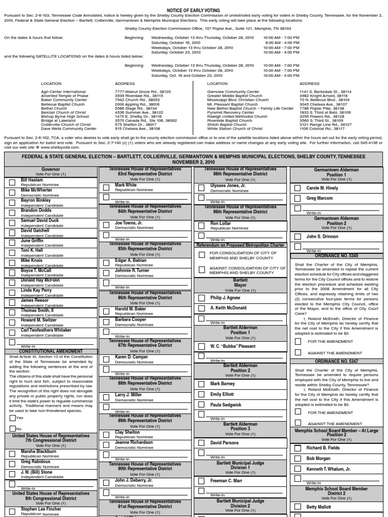 Sample Ballot for Nov 2 Elections in Shelby County | Tennessee | Memphis