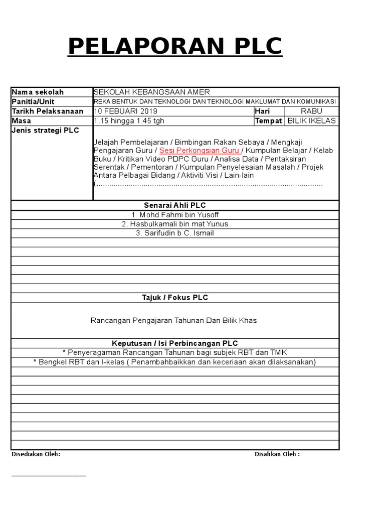 Borang PLC 2019 RBT TMK | PDF