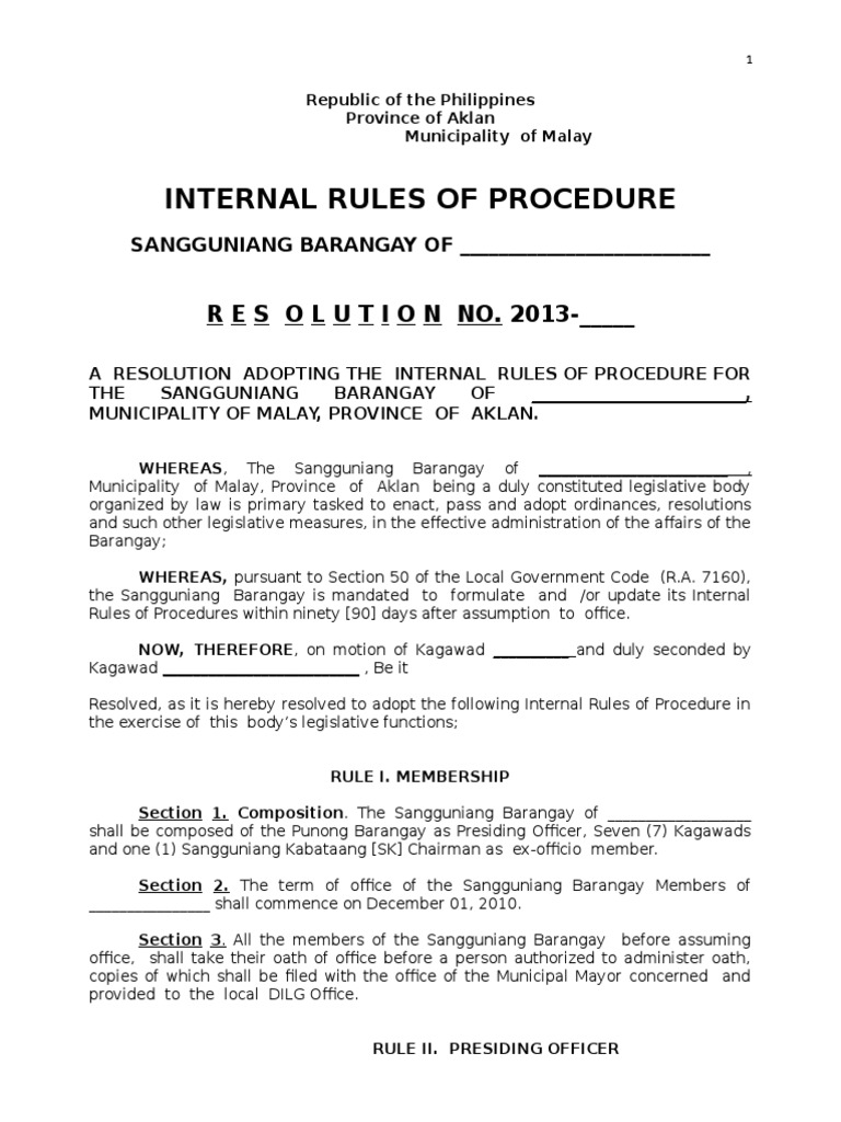 Internal Rules of Barangay | PDF | Quorum | Chairman