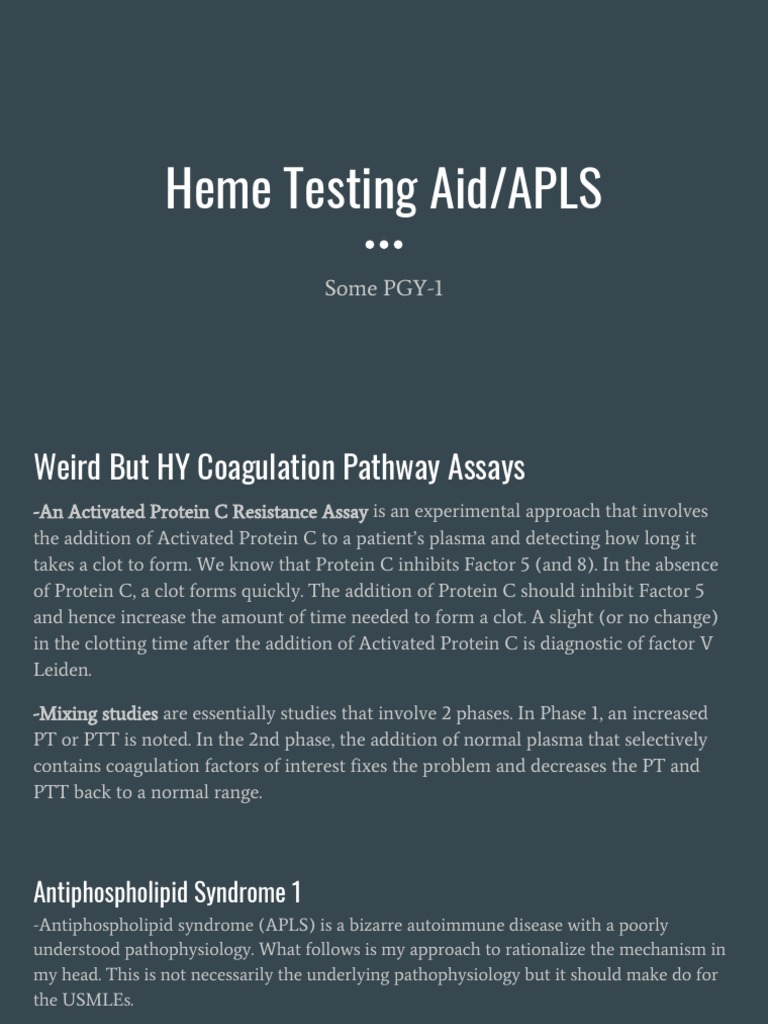 Heme Testing Aid/APLS: Some PGY-1 | PDF | Coagulation | Proteins