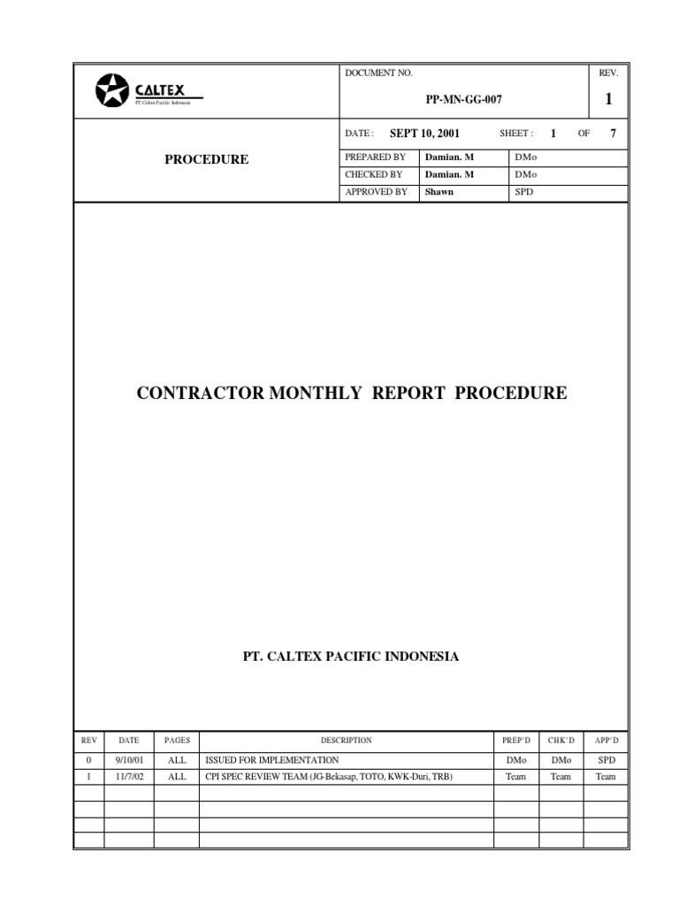 Contractor Monthly Report Procedure | Specification (Technical Standard ...
