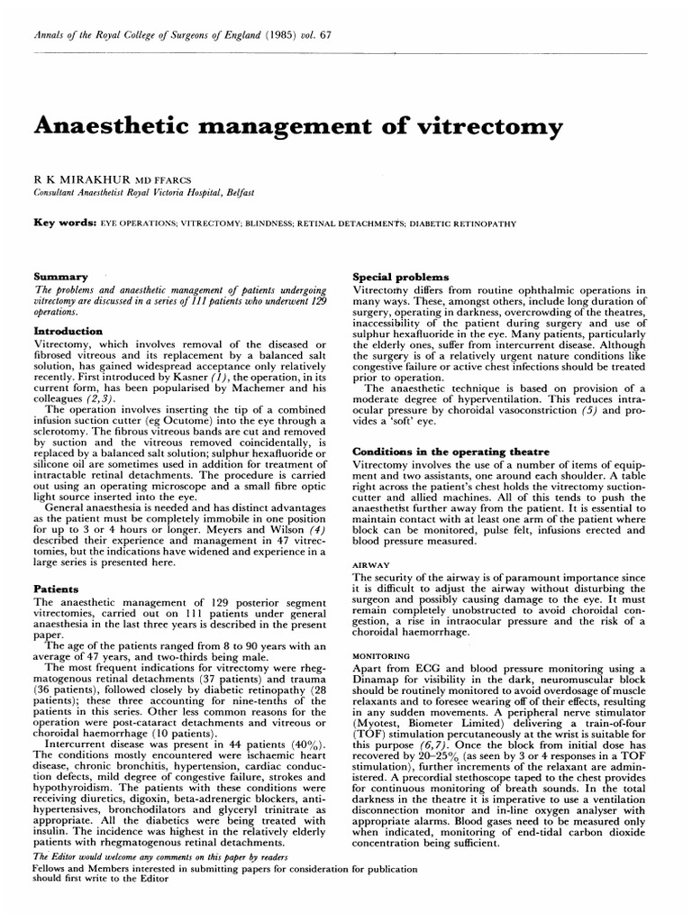 Anaesthetic Management: Vitrectomy | PDF | Anesthesia | Breathing