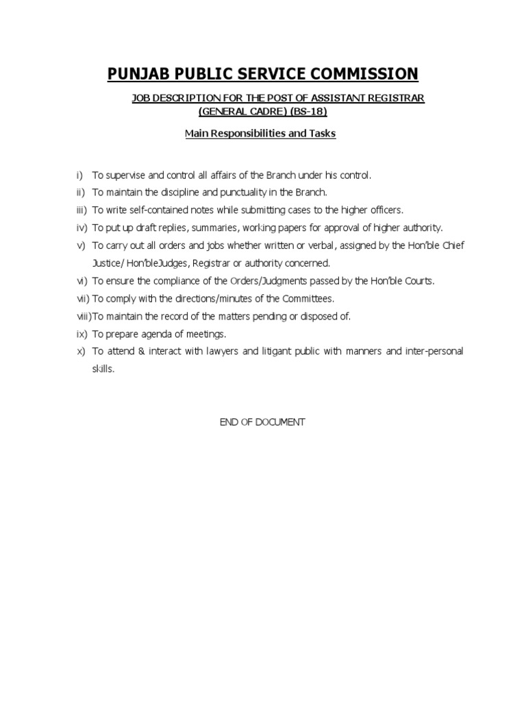 Assistant Registrar Job Description - PPSC | PDF