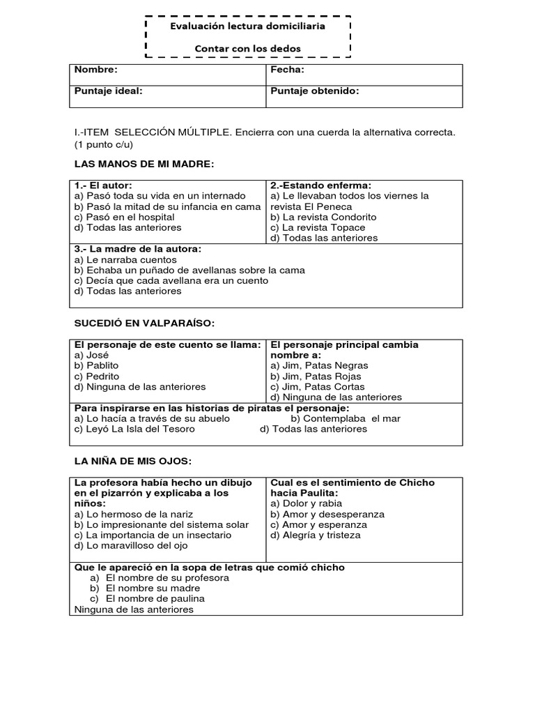 Evaluación de Lectura: Contar con los Dedos | PDF | Ocio