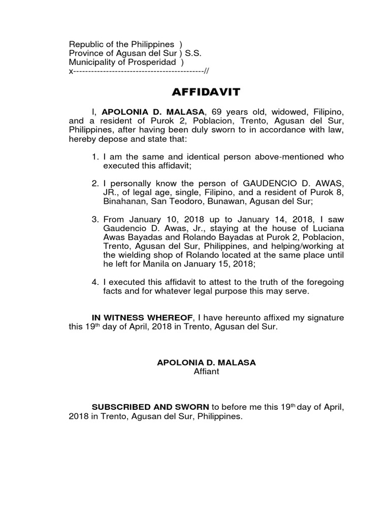 Affidavit: IN WITNESS WHEREOF, I Have Hereunto Affixed My Signature ...