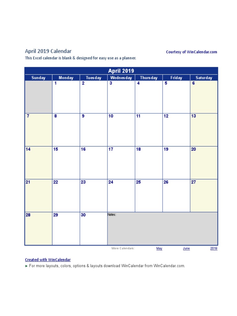 Blank April 2019 Calendar | PDF