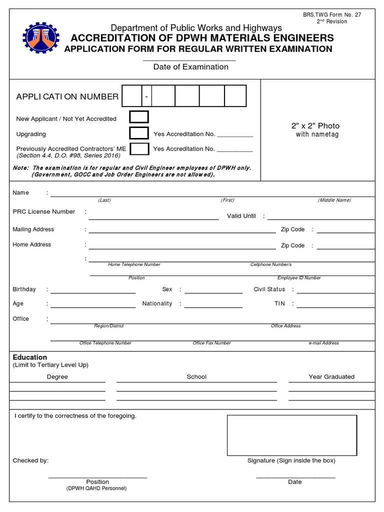 2nd Revised Application Form For DPWH Me | PDF | Engineer | Test ...