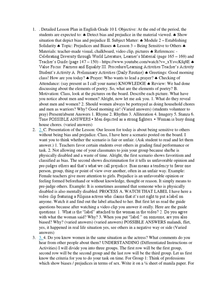 Detailed Lesson Plan in English Grade 10 I | PDF | Prejudices | Bias