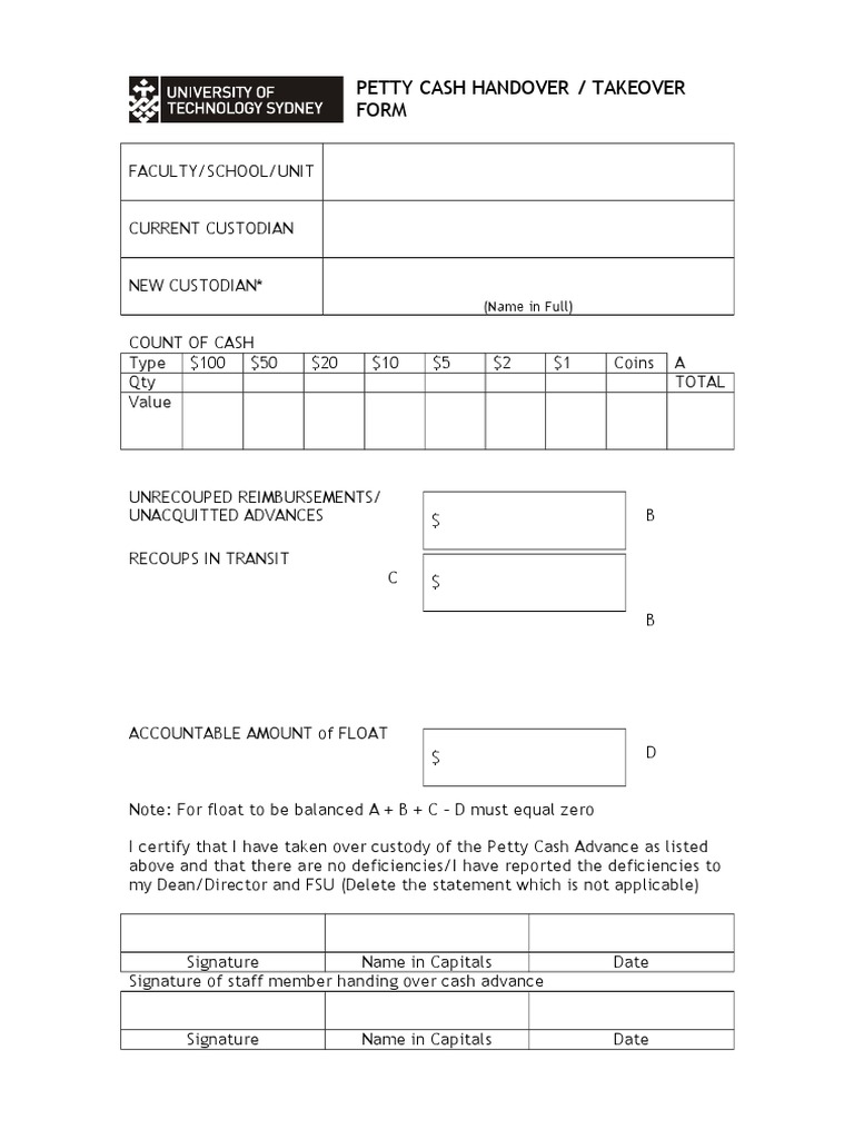 Petty Cash Handover Form Template | PDF | Cash | Money