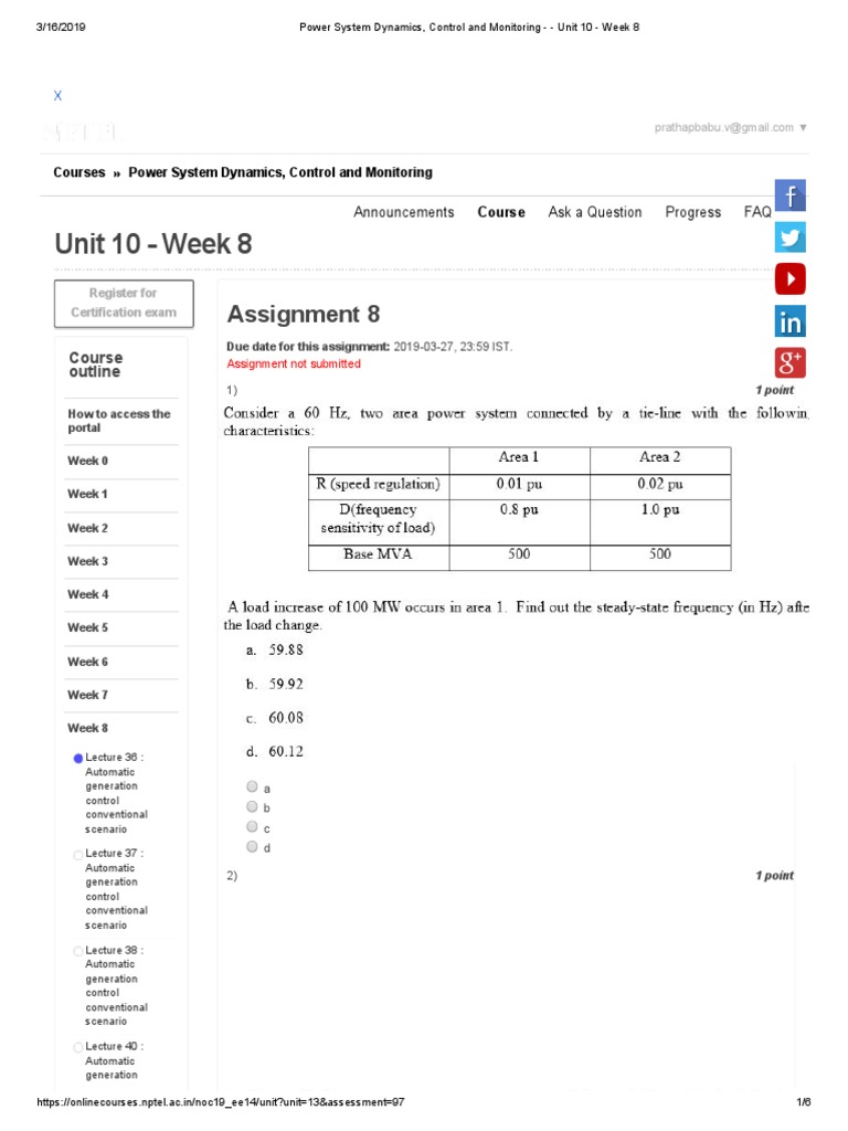 Power System Dynamics, Control and Monitoring - Unit 10 - Week 8 | PDF