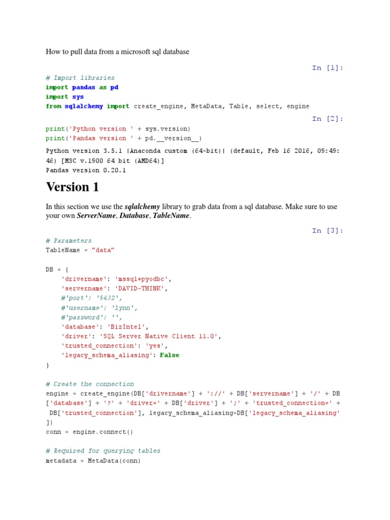 How To Pull Data From A Microsoft Sql Database Pandas Pd Sys Sqlalchemy Pdf Sql Microsoft