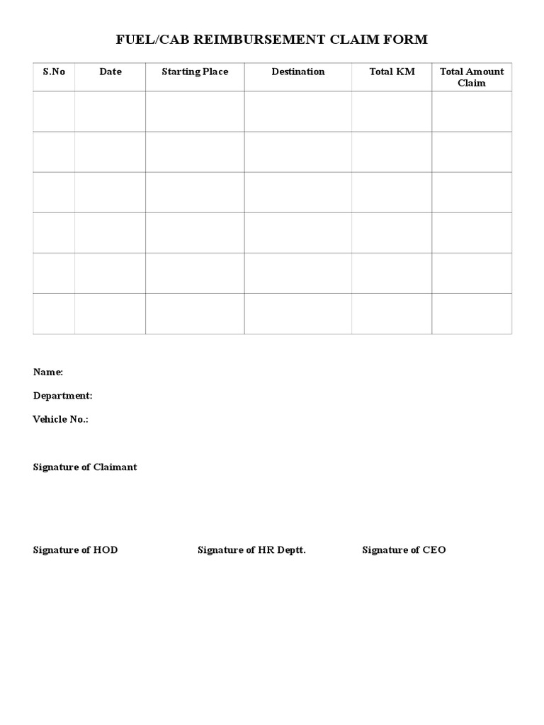 Fuel/Cab Reimbursement Claim Form: S.No Date Starting Place Destination ...