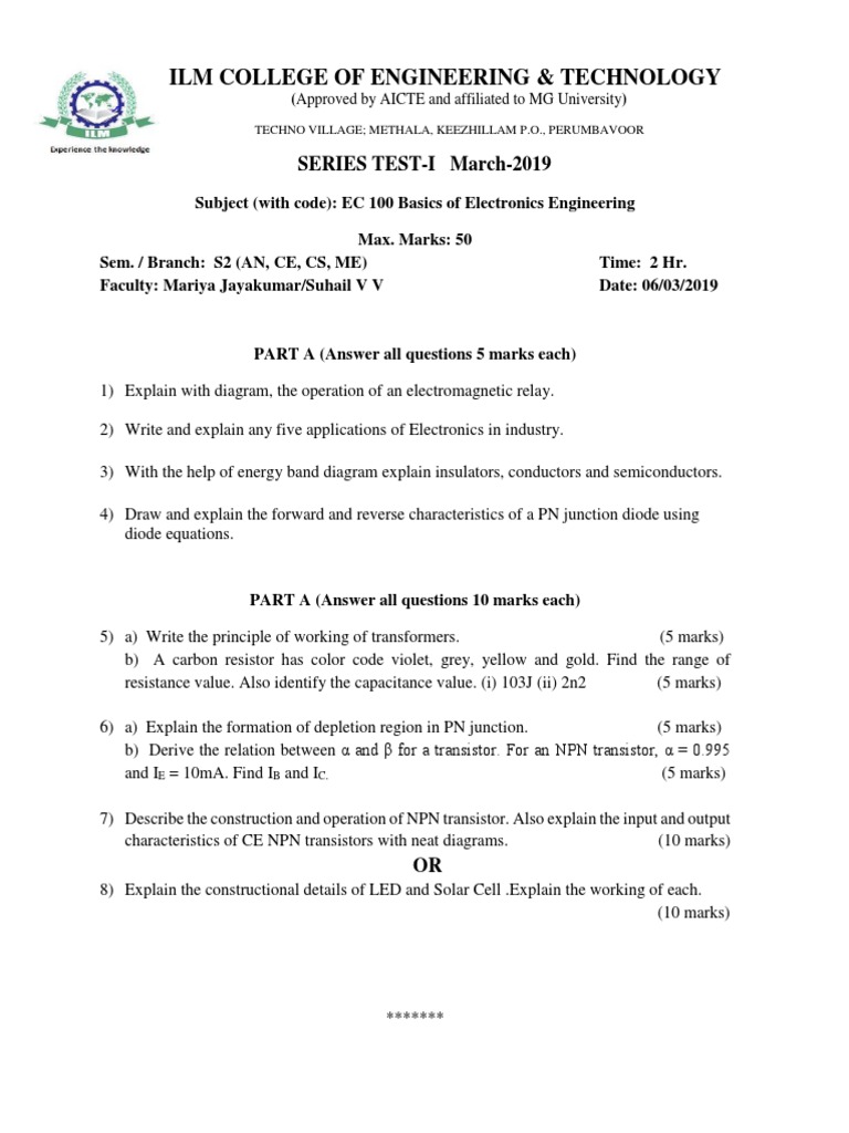 Ilm College of Engineering & Technology: SERIES TEST-I March-2019 | PDF