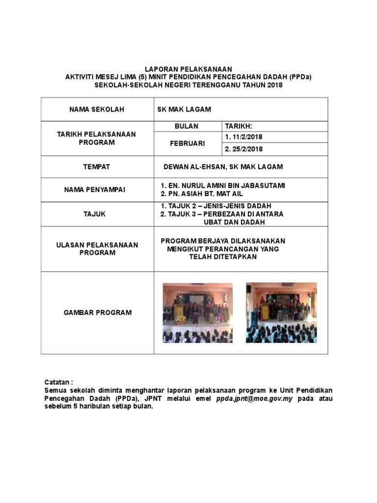 Borang Laporan Pelaksanaan Mesej 5 Minit Ppda 2 | PDF