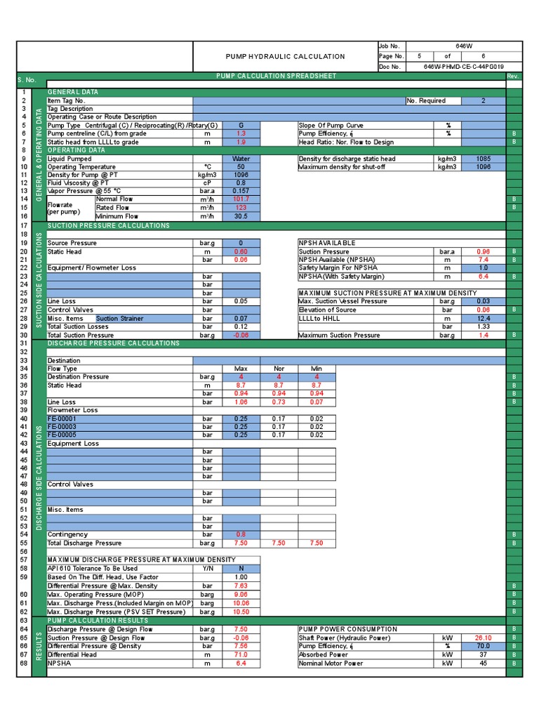 Hydraulic Pump Calculation Spreadsheet | PDF | Pump | Fluid Mechanics