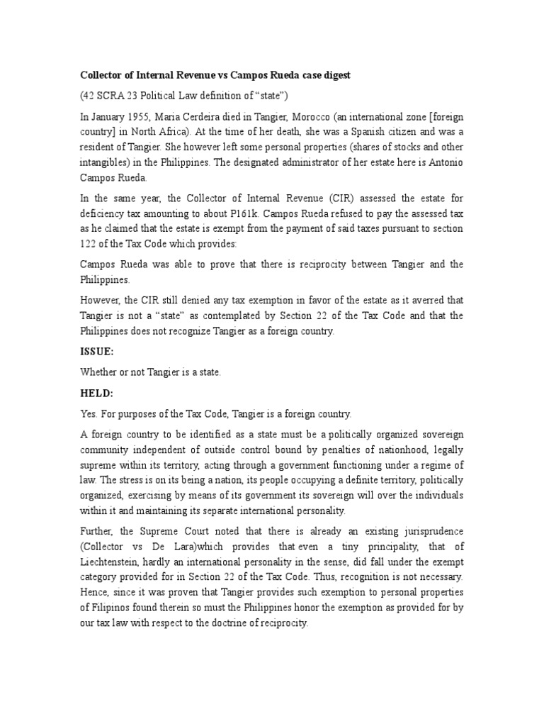 Collector of Internal Revenue Vs Campos Rueda Case Digest | PDF