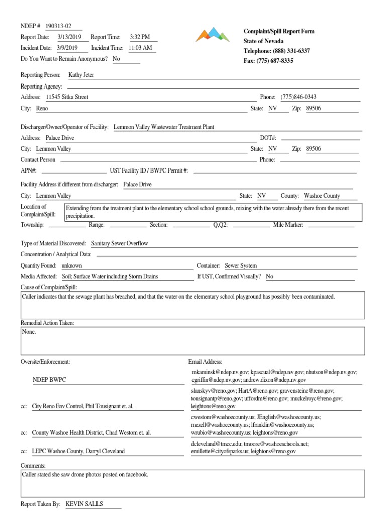 Complaint/ Spill Report Form | PDF | Sanitary Sewer | Storm Drain