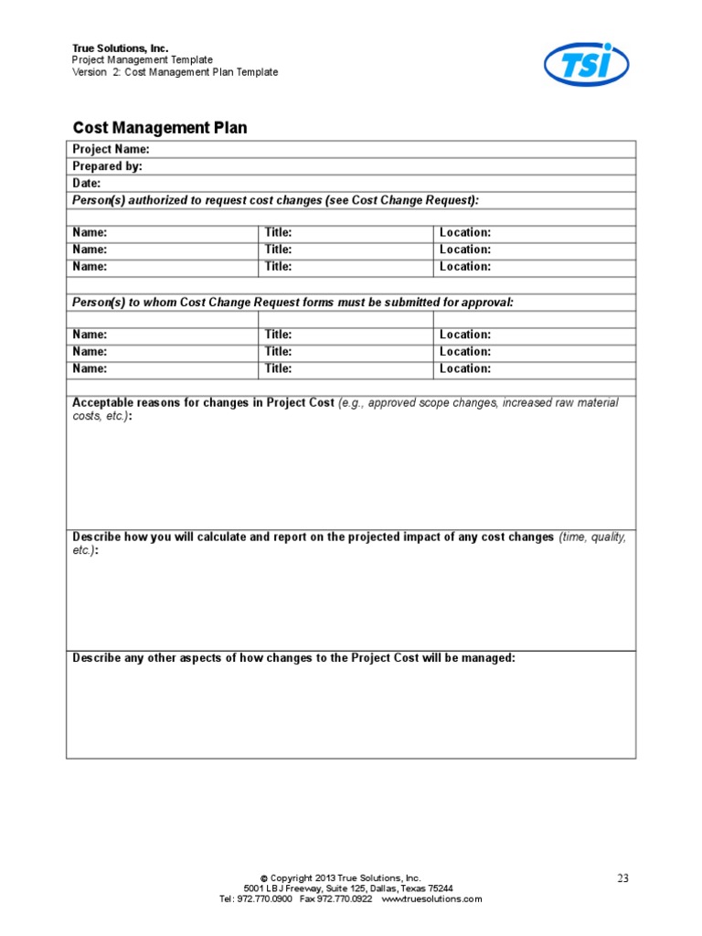 CO-4 Cost Management Plan Template | PDF