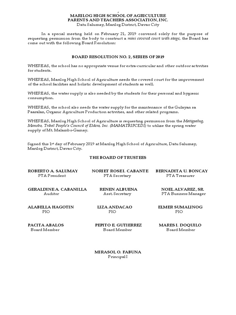 Pta Board Resolution 2 | PDF