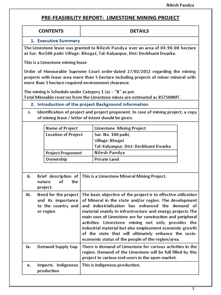 Pre-Feasibility Report: Limestone Mining Project: Details | PDF ...
