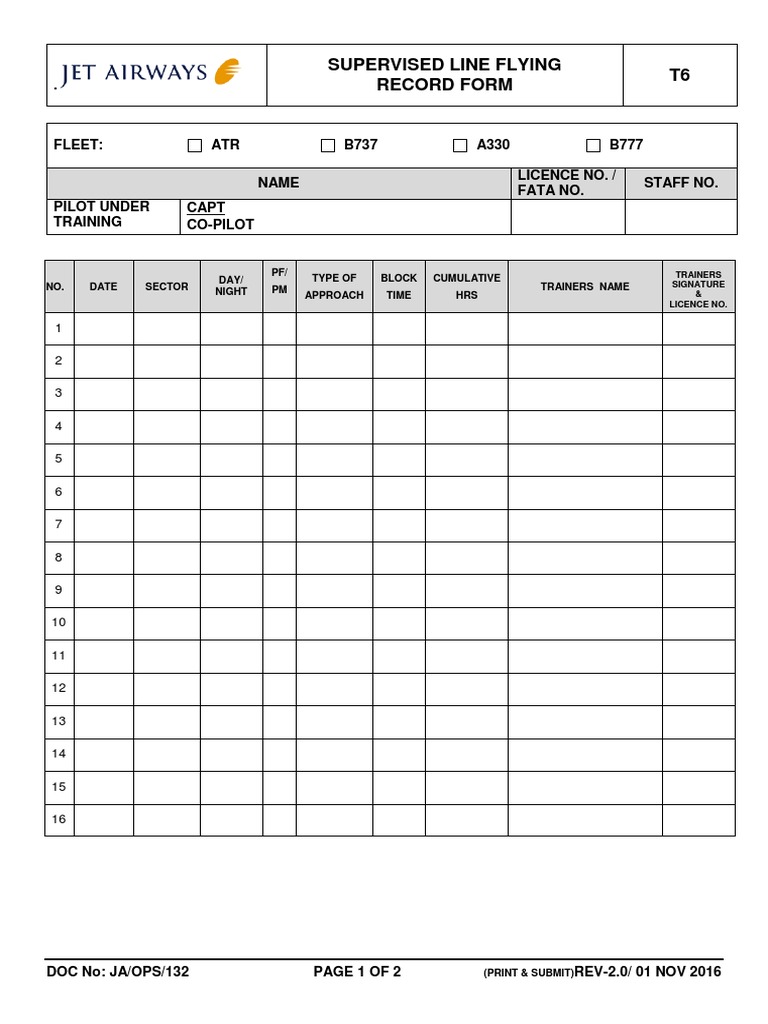 Supervised Line Flying Record Form PDF | PDF | Aviation