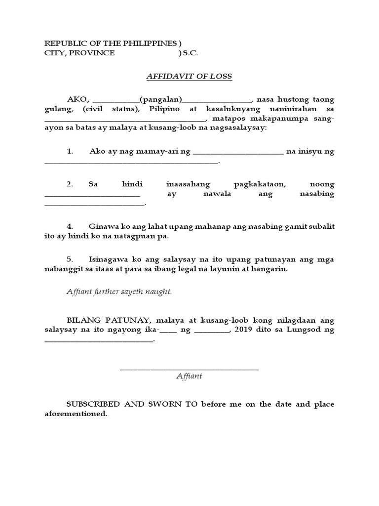 Affidavit of Loss Sample Tagalog | PDF
