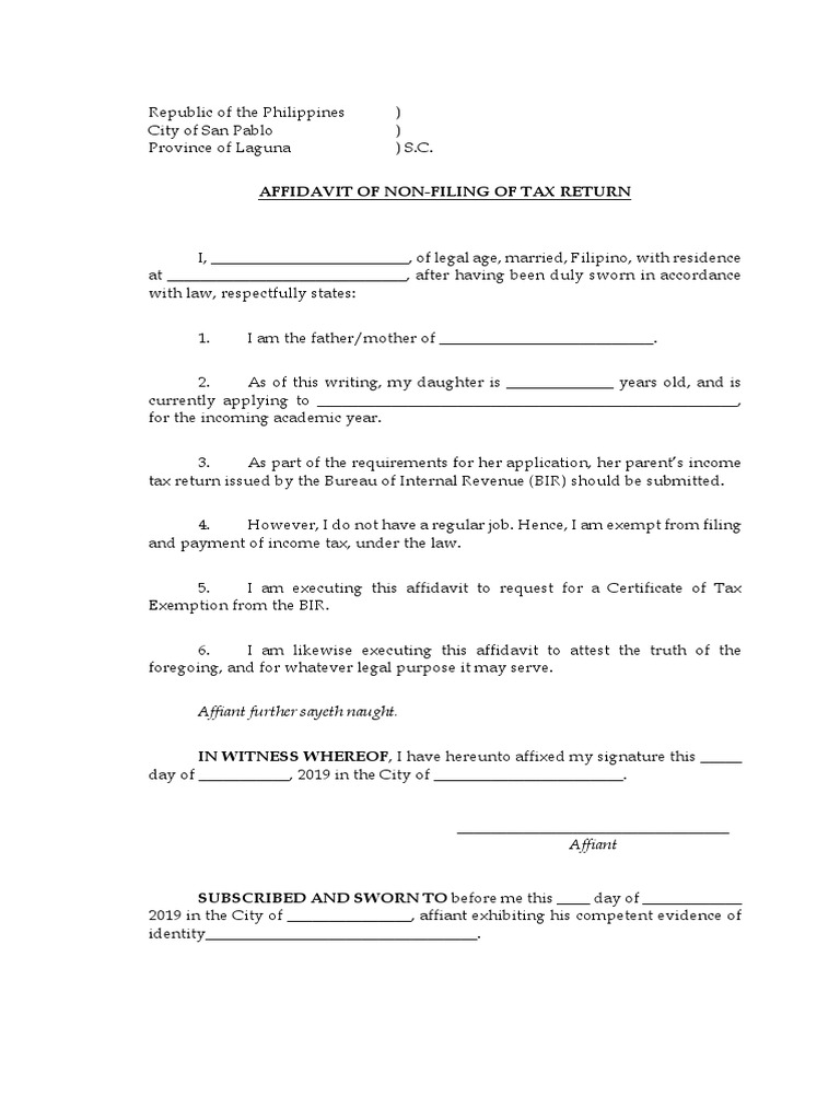 Affidavit of Non Tax Filing - Blank | PDF