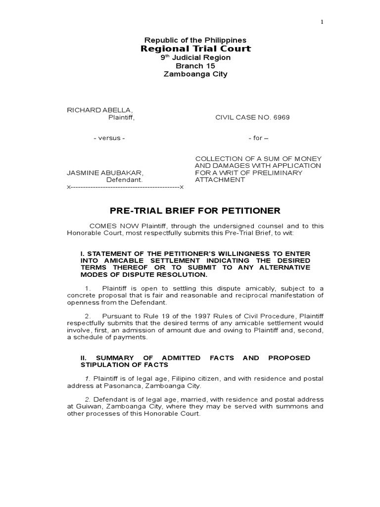 Pre Trial Brief Legal Forms | PDF | Discovery (Law) | Deposition (Law)