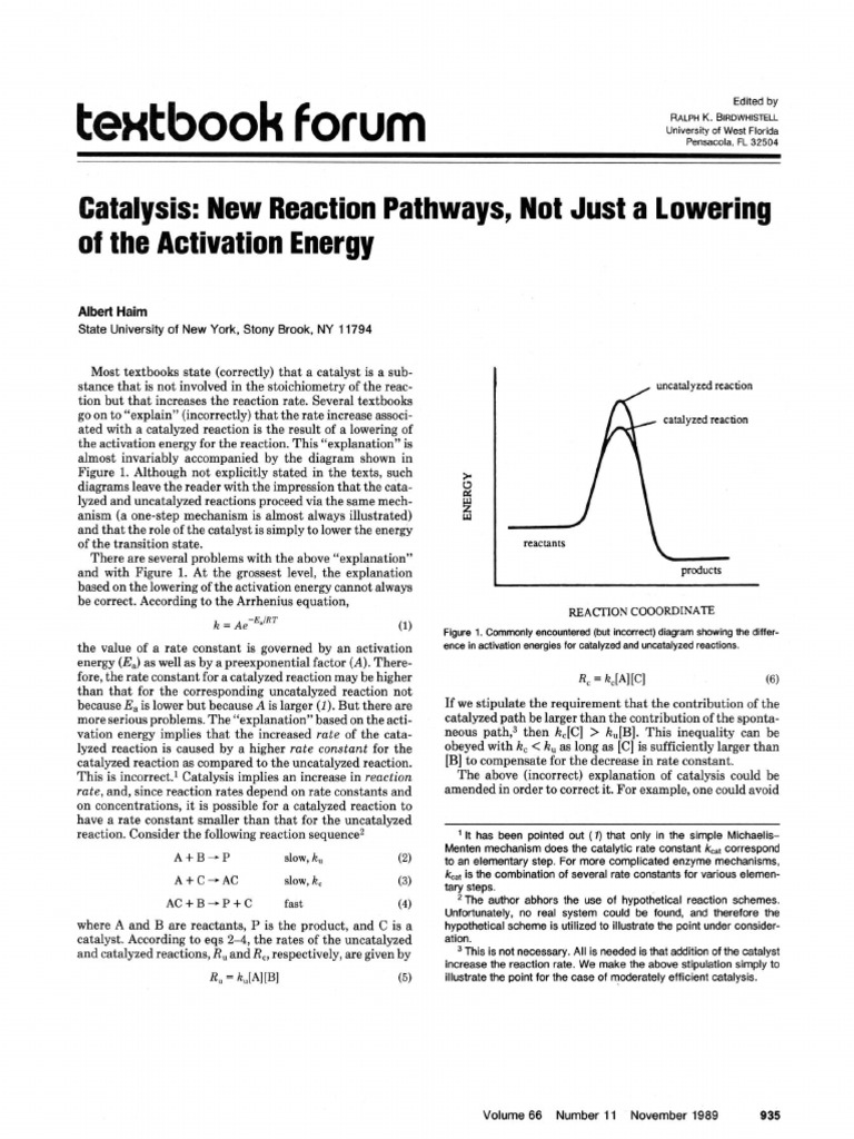 Textbook Forum: Catalysis: New Reaction Pathways, Not Just Lowering of ...