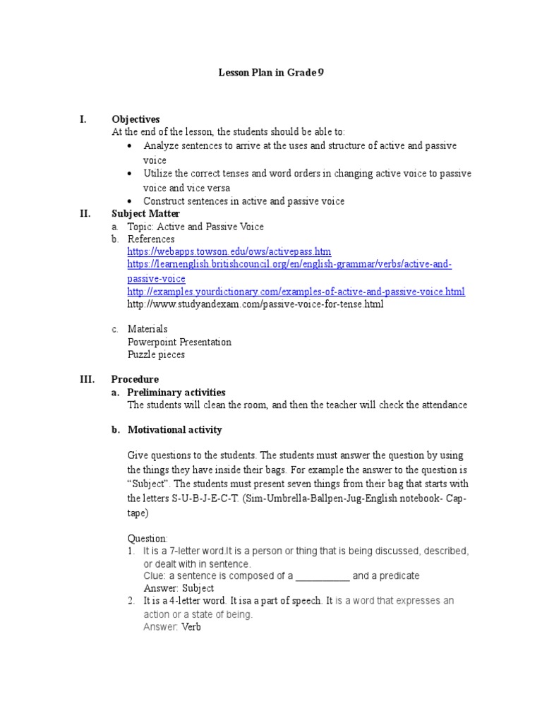 Lesson Plan in Grade 9.active - Passive | PDF | Subject (Grammar ...
