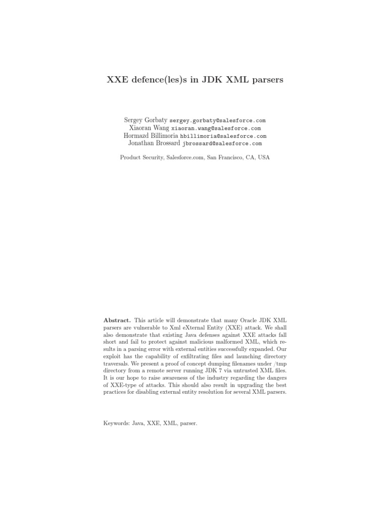 XXE Defence (Les) S in JDK XML Parsers | PDF | Xml | Communications ...