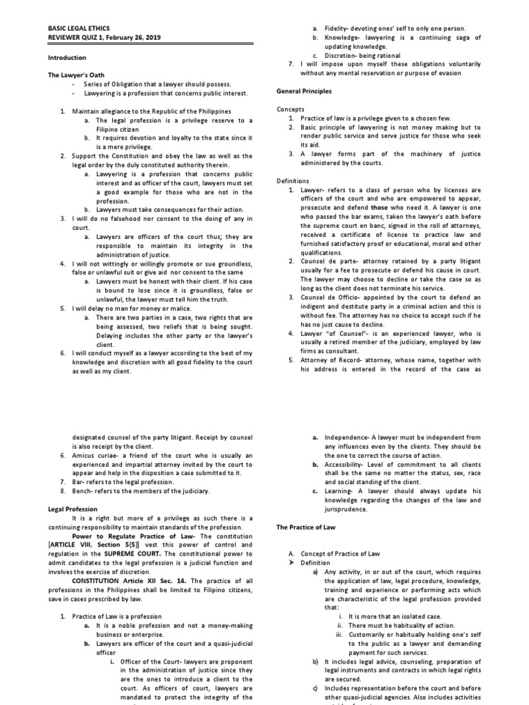 Basic Legal Ethics REVIEWER QUIZ 1, February 26, 2019 The Lawyer's Oath ...