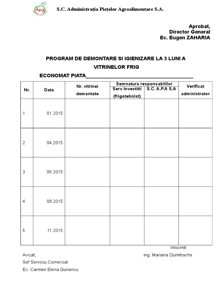 Program de Demontare Si Igienizare - Vitrine Frig Economate | PDF