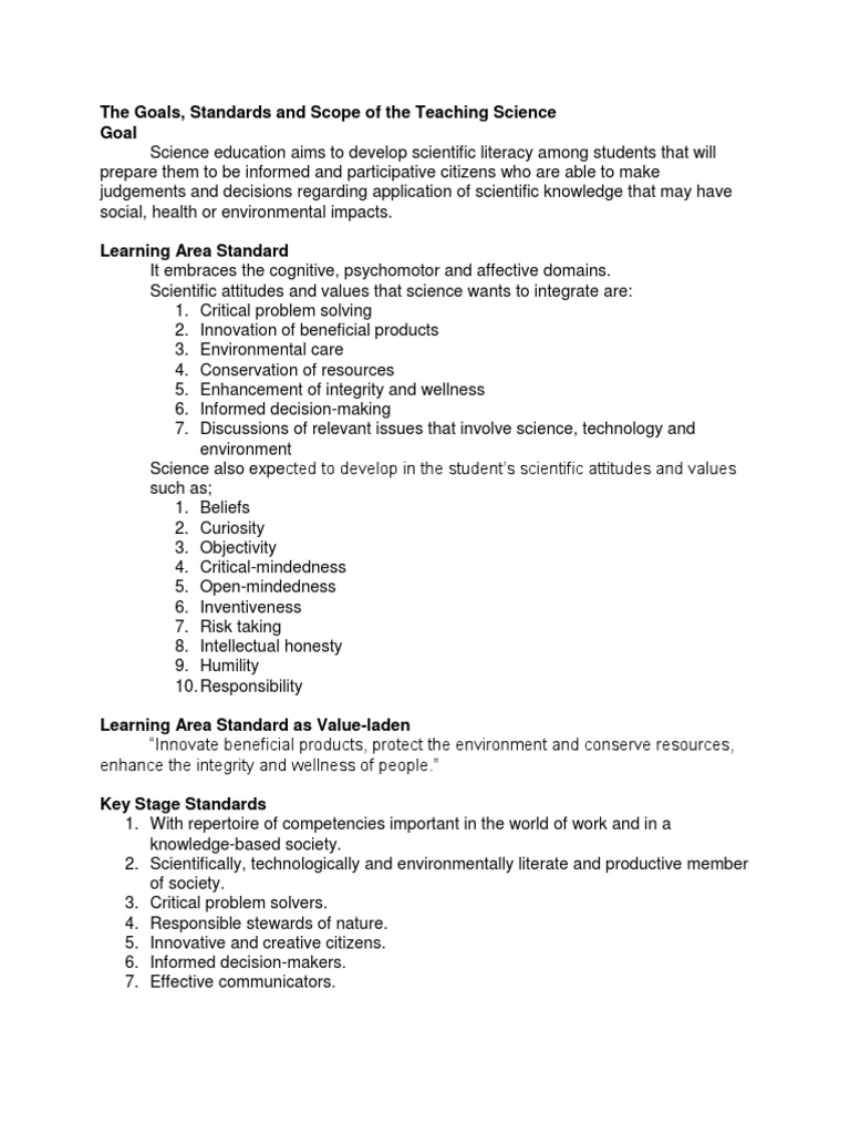 The Goals, Standards and Scope of The Teaching Science Goal | PDF ...