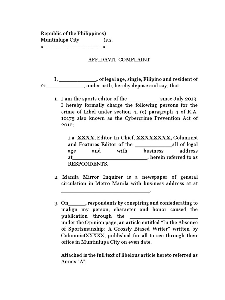 Sample - Affidavit - Complaint - For - E-Libel CASE | PDF | Defamation | Affidavit