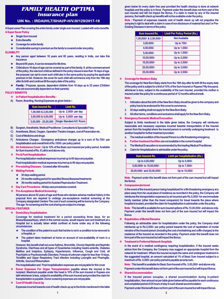 Family Health Optima Insurance Plan New | PDF | Insurance | Hospital