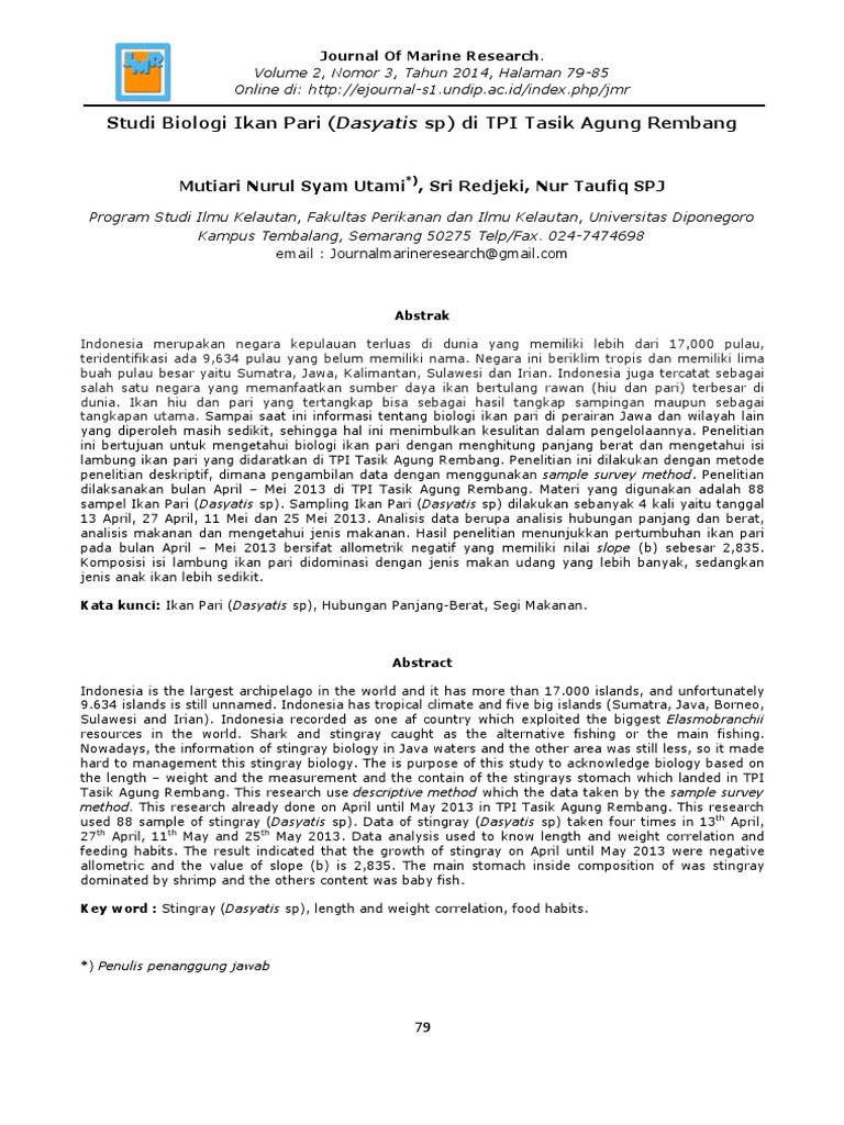 ID Studi Biologi Ikan Pari Dasyatis SP Di T | PDF