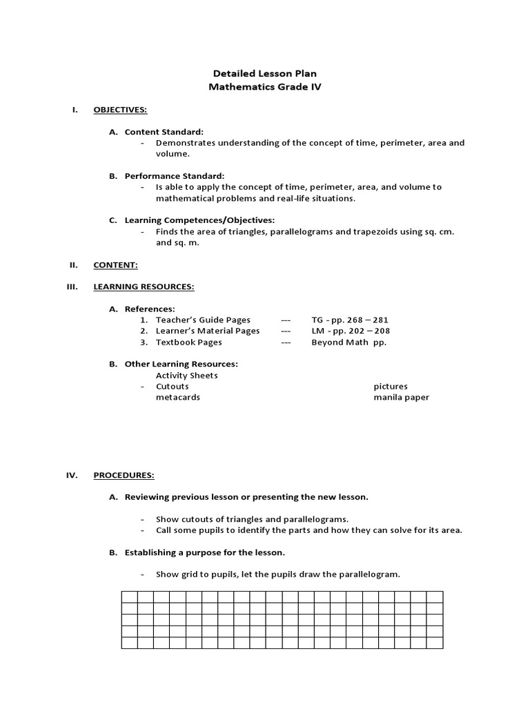 Detailed Lesson Plan Mathematics Grade IV | PDF | Area | Triangle