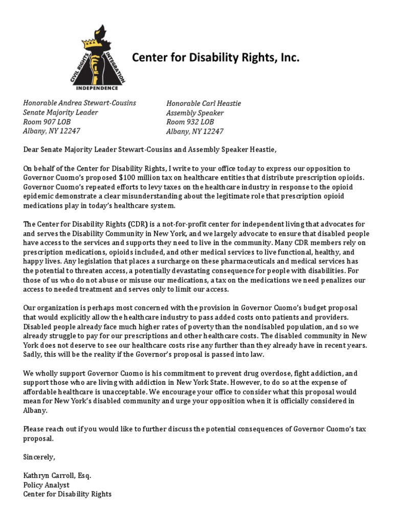 Center For Disability Rights Opioid Tax Letter | PDF | Prescription ...