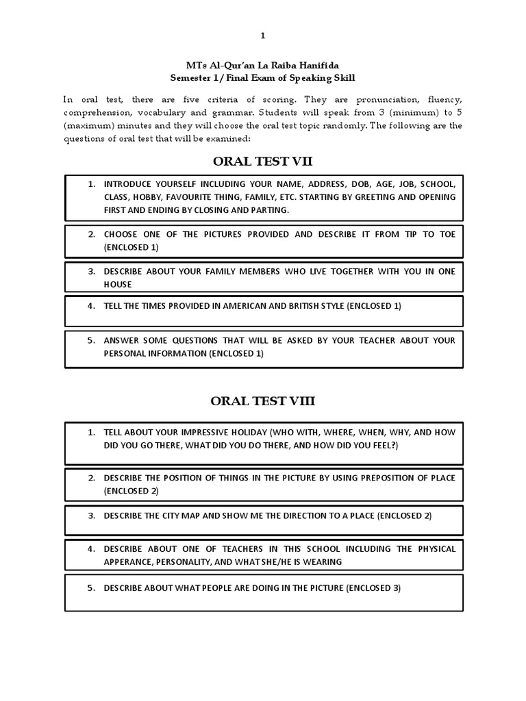 Oral Test Vii & Viii s1 18 19 | PDF | Educational Assessment And ...