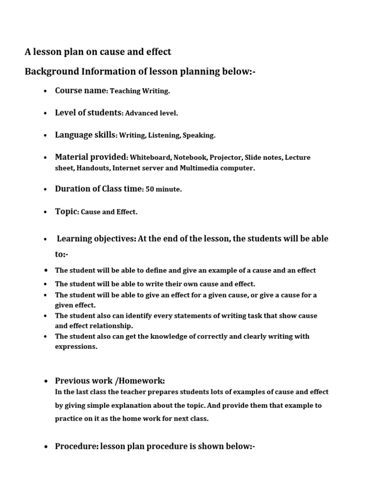 A Lesson Plan On Cause and Effect Background Information of Lesson ...