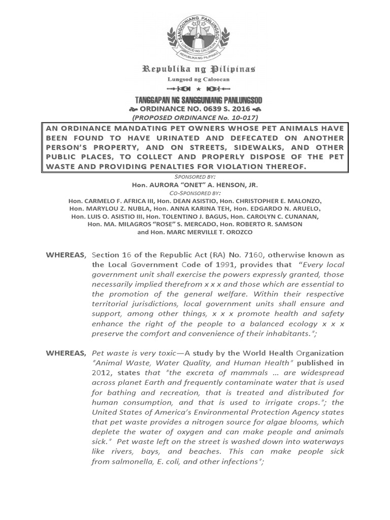 The Caloocan City Pet Waste Ordinance of 2016: Mandating Pet Owners to ...