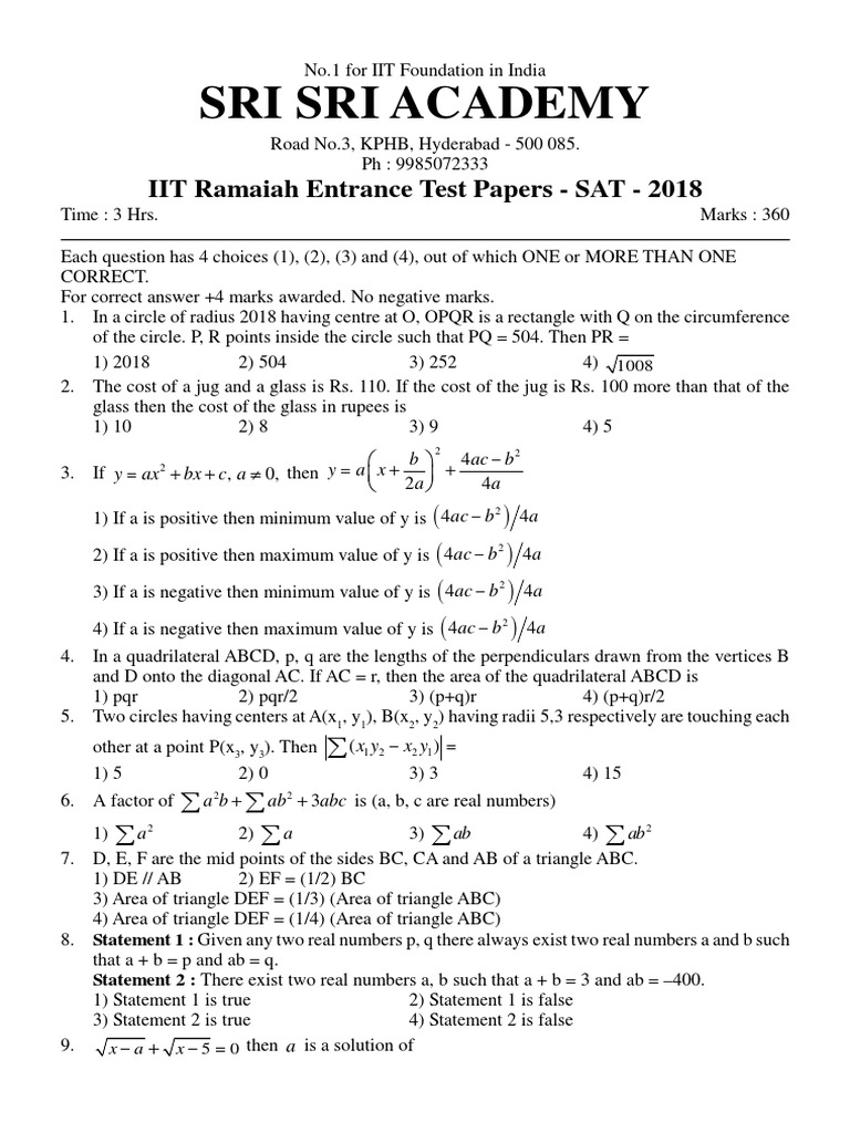Sri Sri Academy: IIT Ramaiah Entrance Test Papers - SAT - 2018 ...