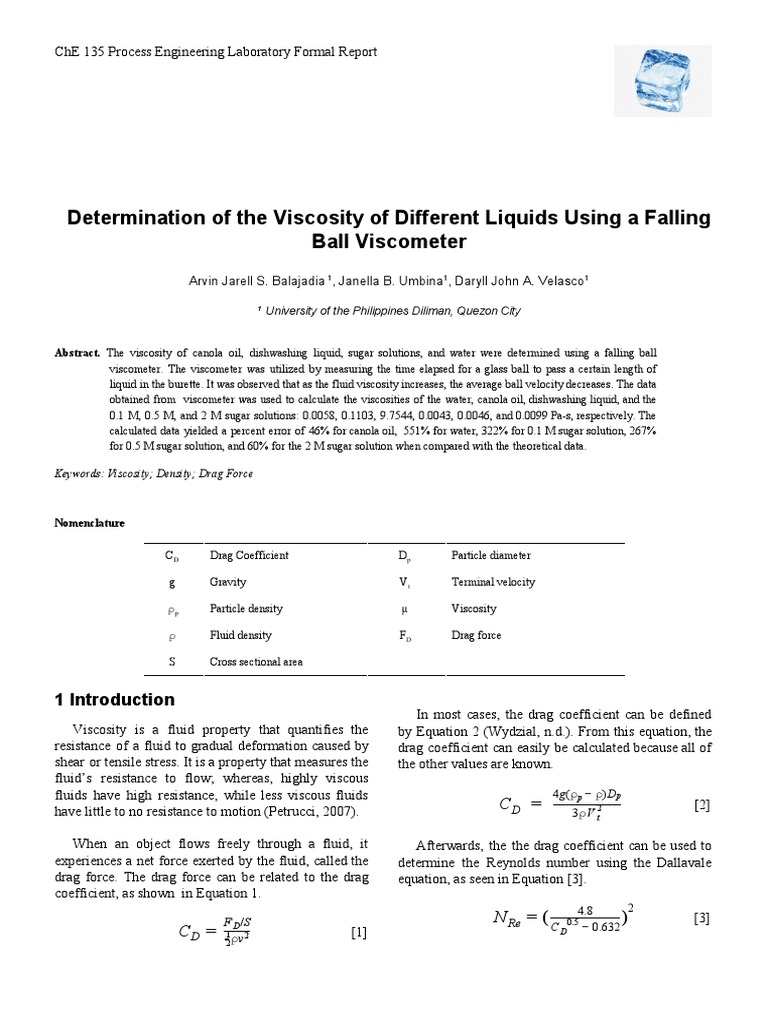 Determination of The Viscosity of Different Liquids Using A Falling ...