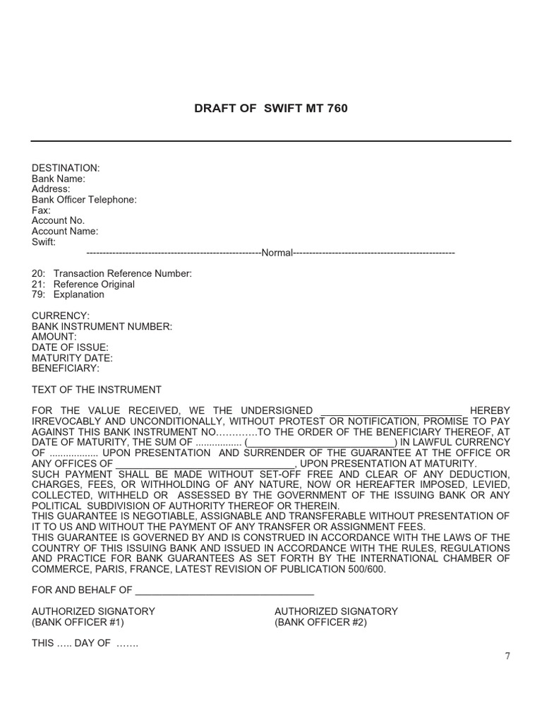 Sample Swift 760 For Mtn-Bond - SBLC - BG | PDF | Letter Of Credit ...