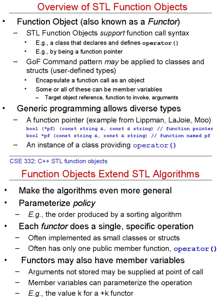 Function Object Also Known As A Functor Stl Function Objects Support Function Call Syntax 