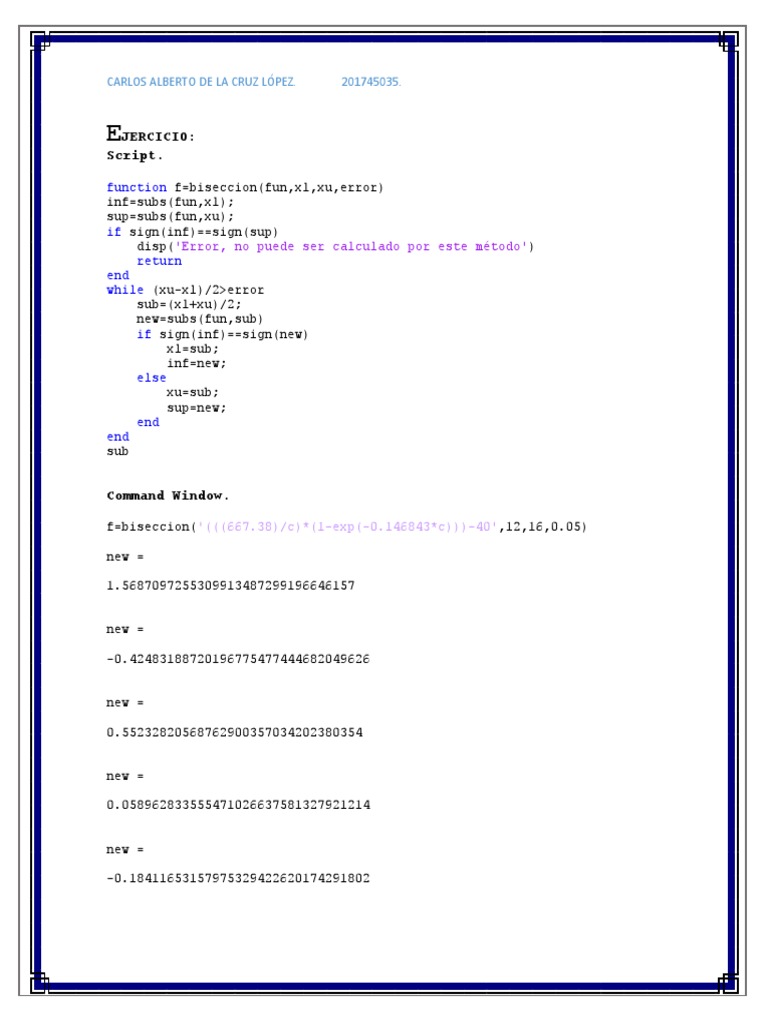 Bisection method script and example calculation | PDF