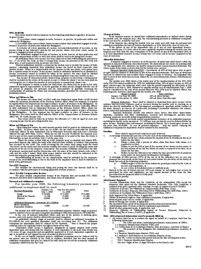 For Taxable Year 2008, The Following Transitory Personal and Additional ...